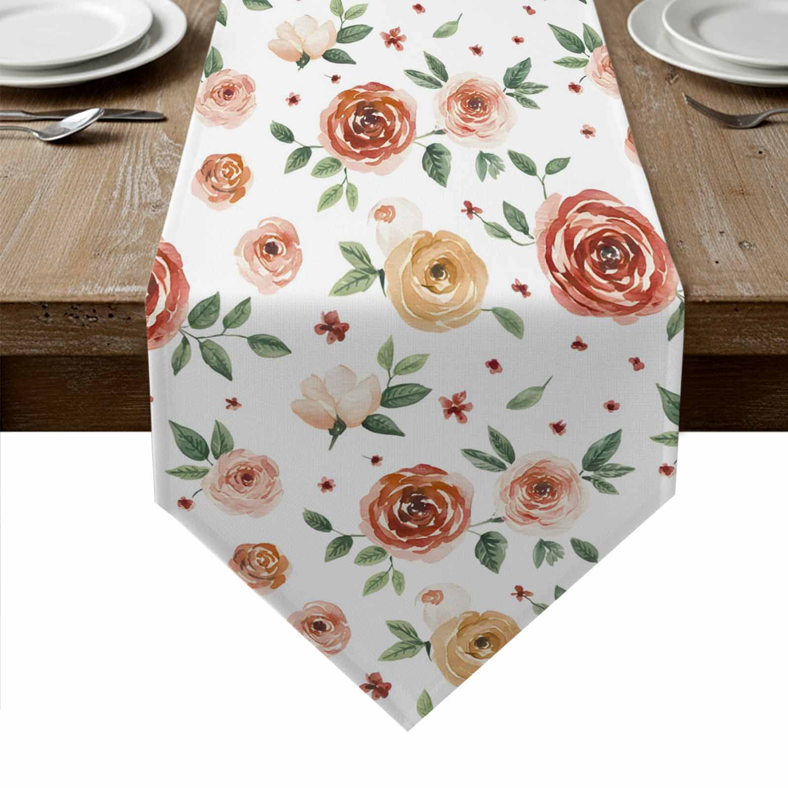 Brown Red Flowers Table Runner Linen Burlap Table Runner 72 Inches Long ...