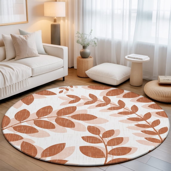 Brown Red Leaves Washable Round Area Rug 8 ft, Summer Farmhouse ...