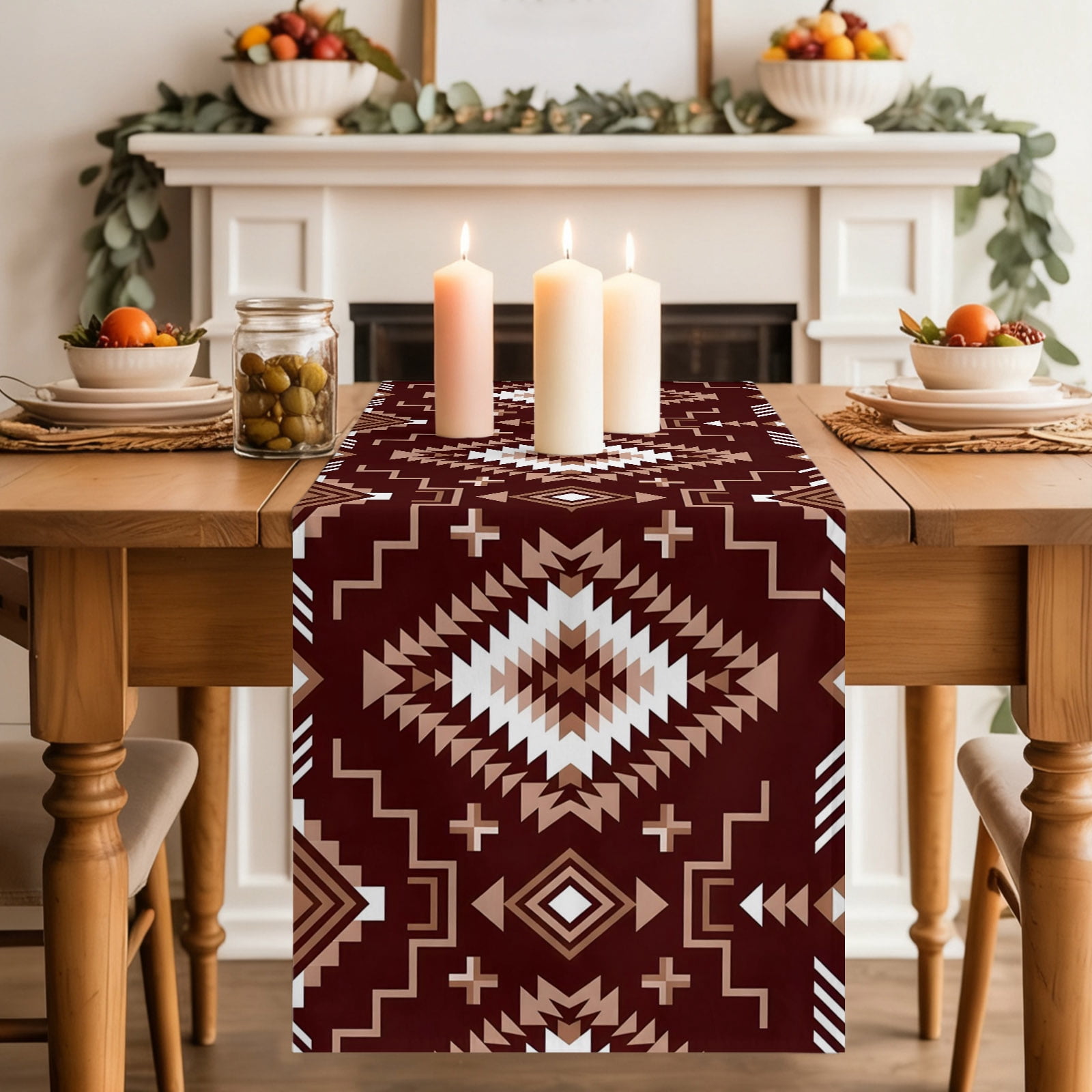 Brown Red Rectangle Dining Table Runner, Tribal Retro Classic Geometric ...