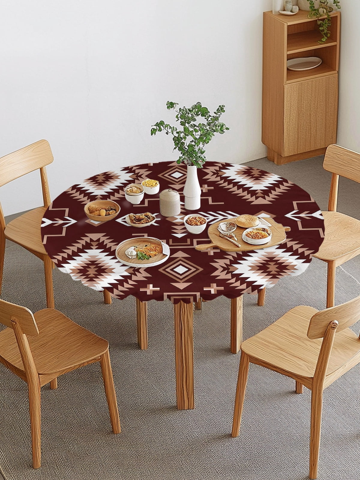 Brown Red Rectangle Round Fitted Tablecloth with Elastic Edge, Tribal ...