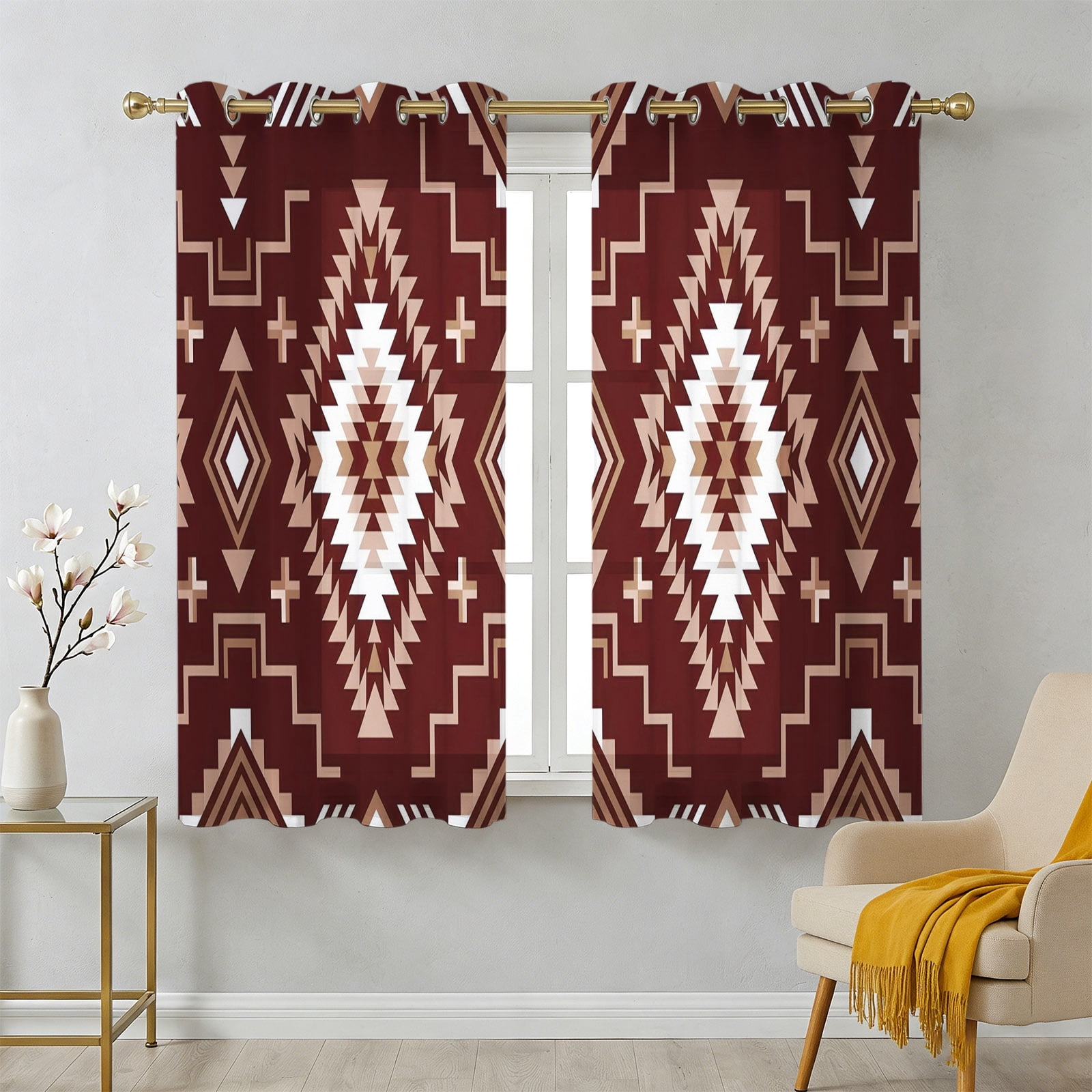 Brown Red Rectangle Sheer Curtains 54 Inch Long 2 Panels, Tribal Retro ...