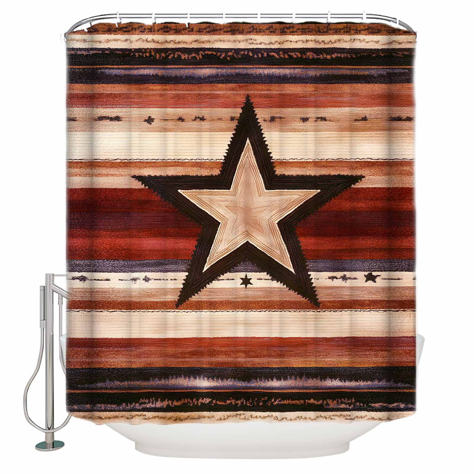 Brown Red Star Western Bathroom Shower Curtains with 12 Hooks Polyester ...