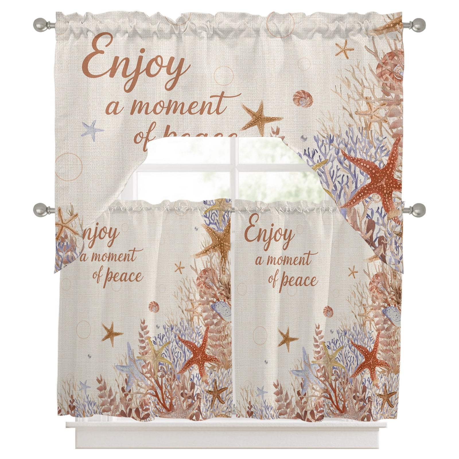Brown Red Starfish Coastal Kitchen Curtains Swag Valance and Tier ...