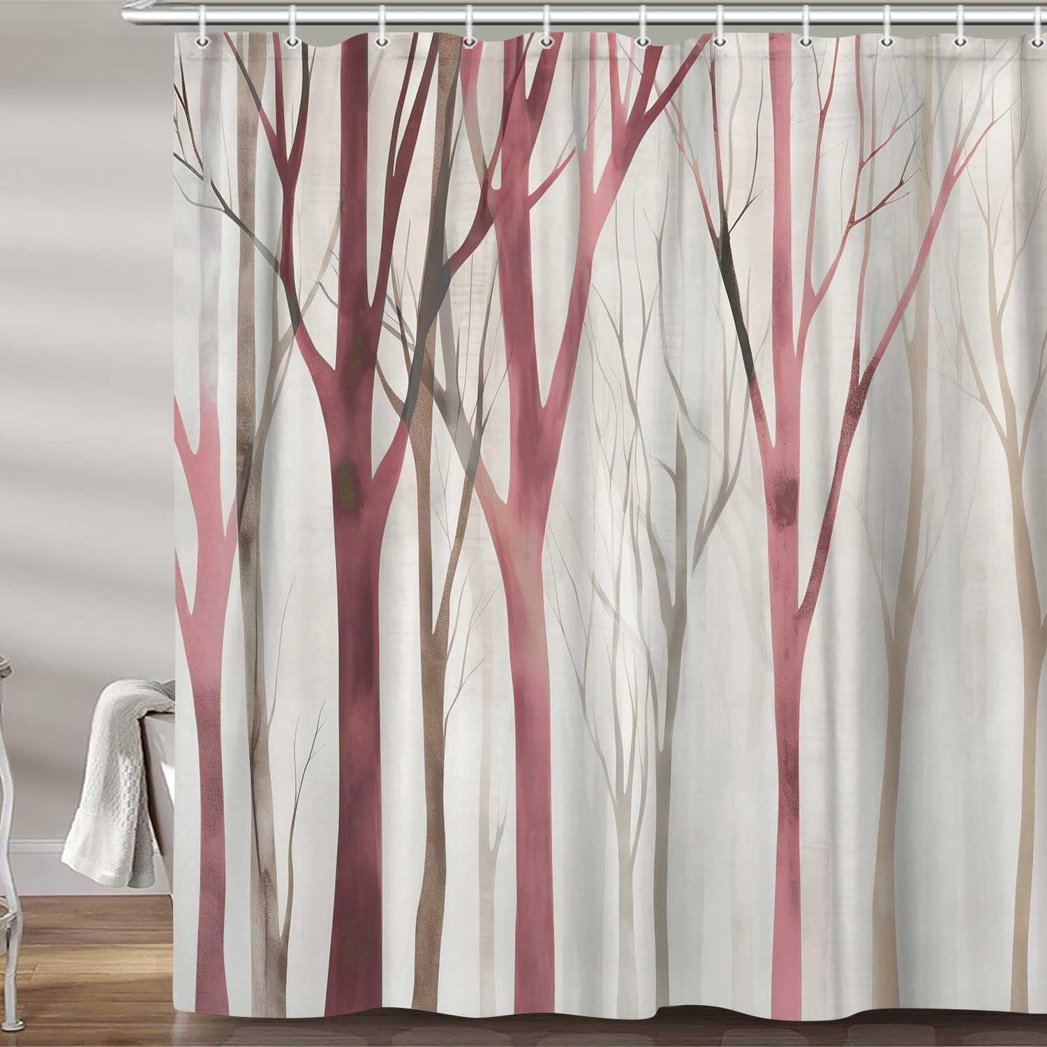 Brown Red Tree Fabric Shower Curtain, Art Style Abstract Birch Forest ...
