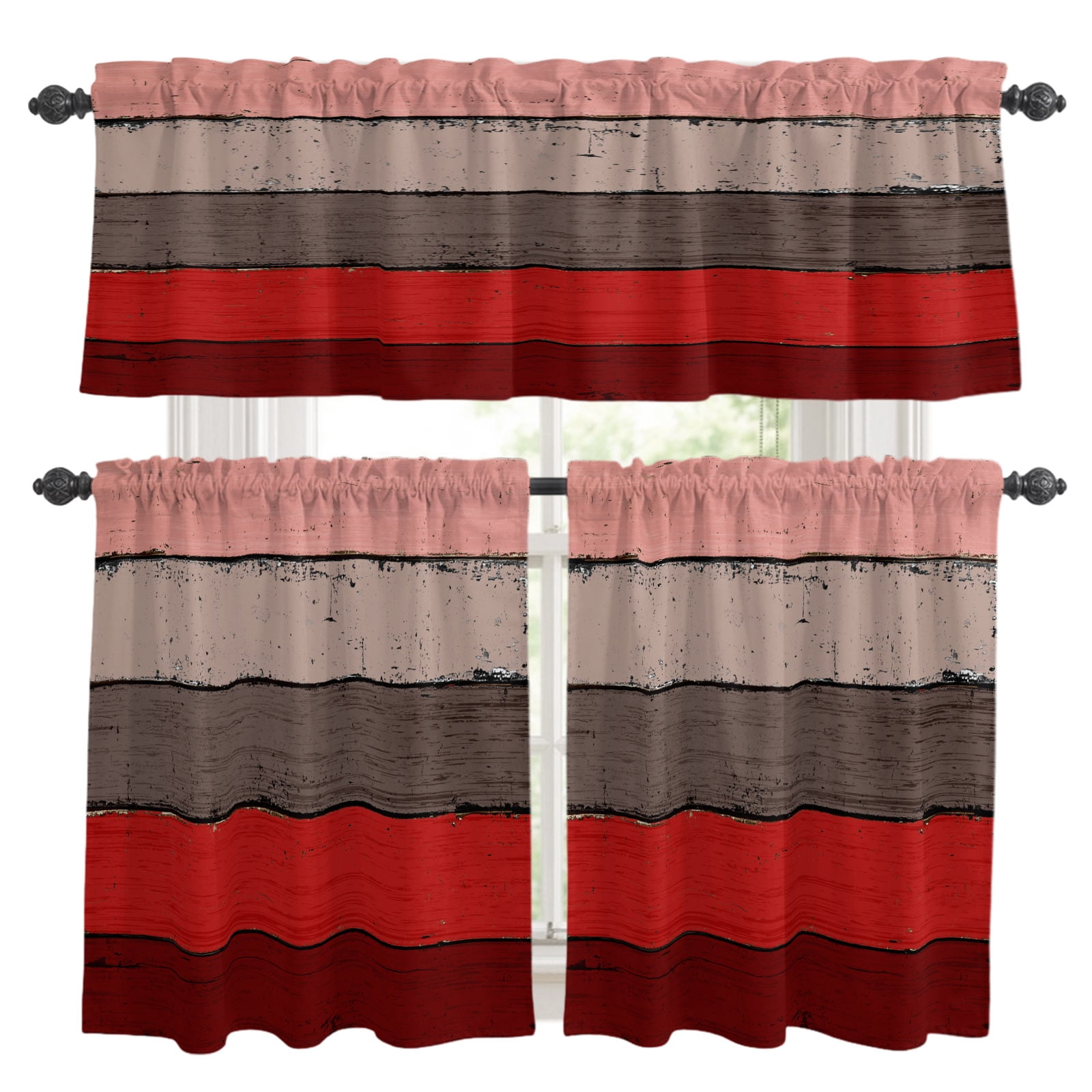 Brown Red Wood Grain Kitchen Curtains and Valances Set, Countryside ...