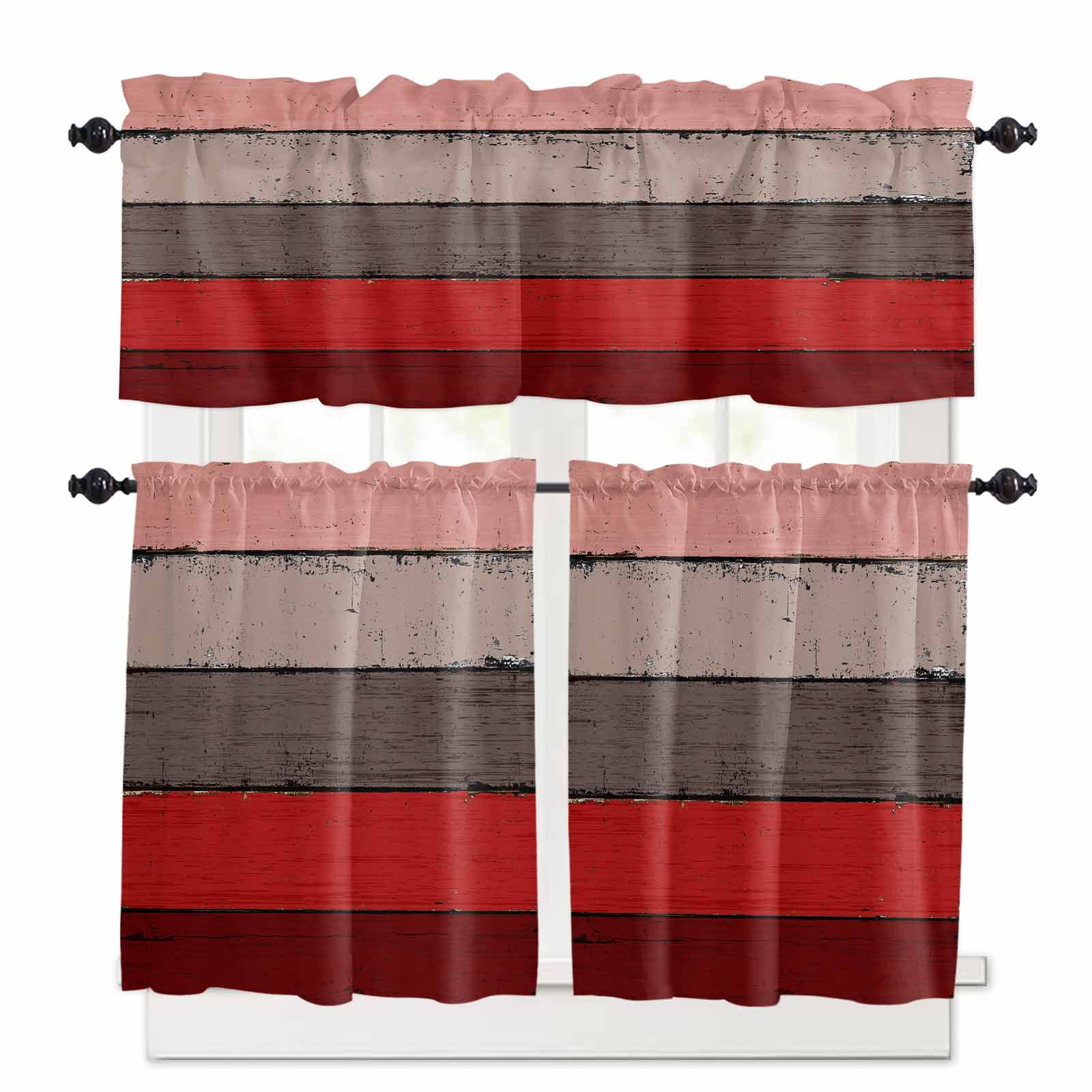 Brown Red Wood Grain Kitchen Curtains Valances and Tiers Set of 3 ...