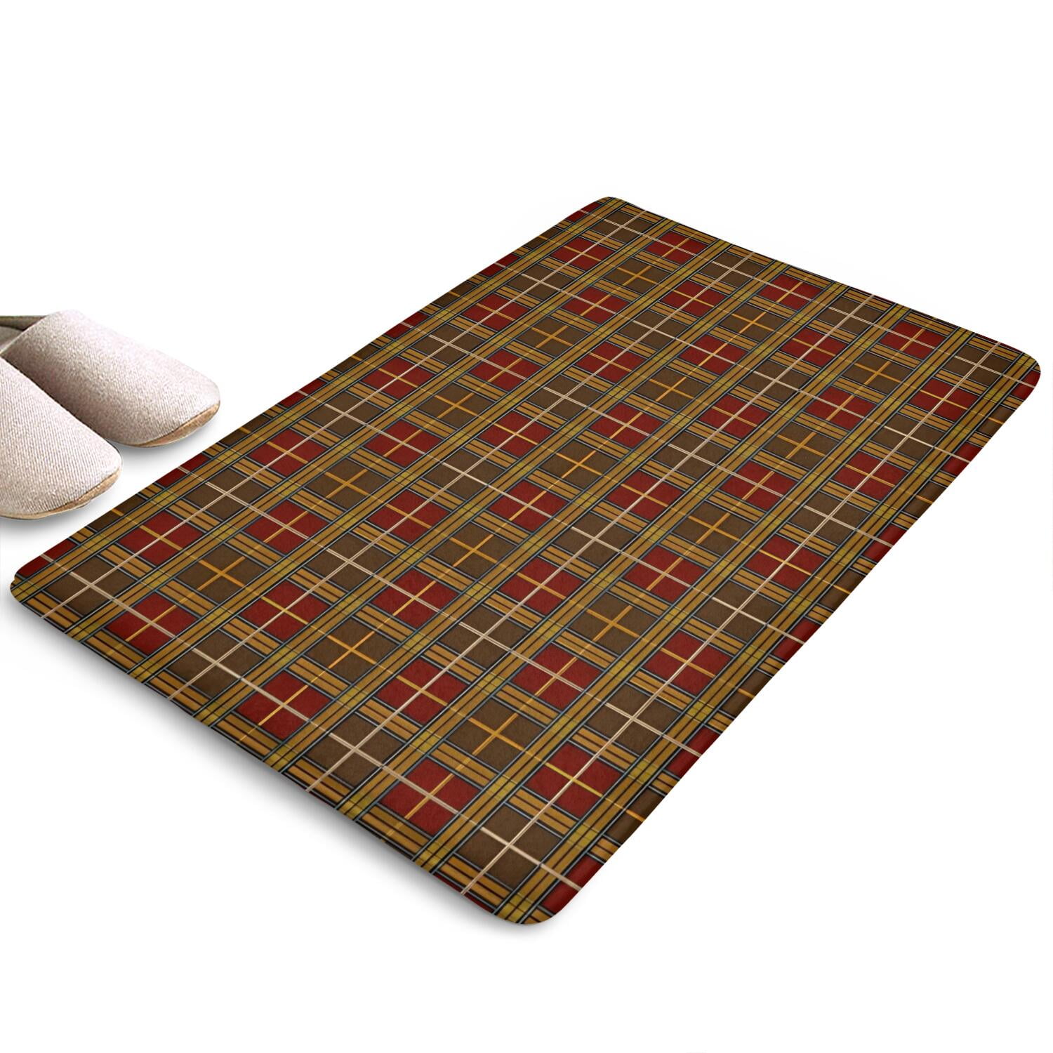 Brown Red Yellow Plaid Checkered Flannel Non Slip Door Rugs,Washable ...