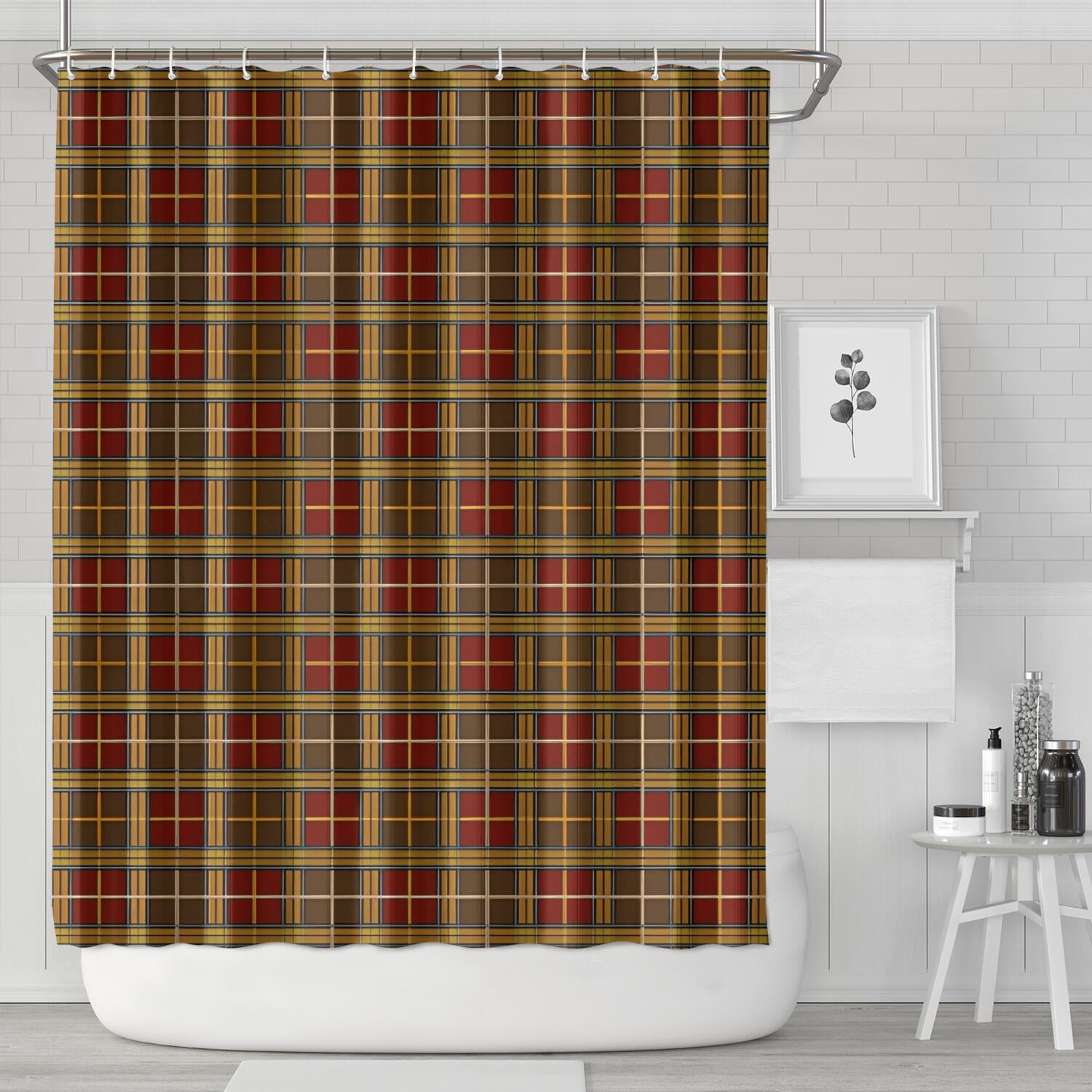 Brown Red Yellow Plaid Checkered Pattern Shower Curtain 72"x84 ...