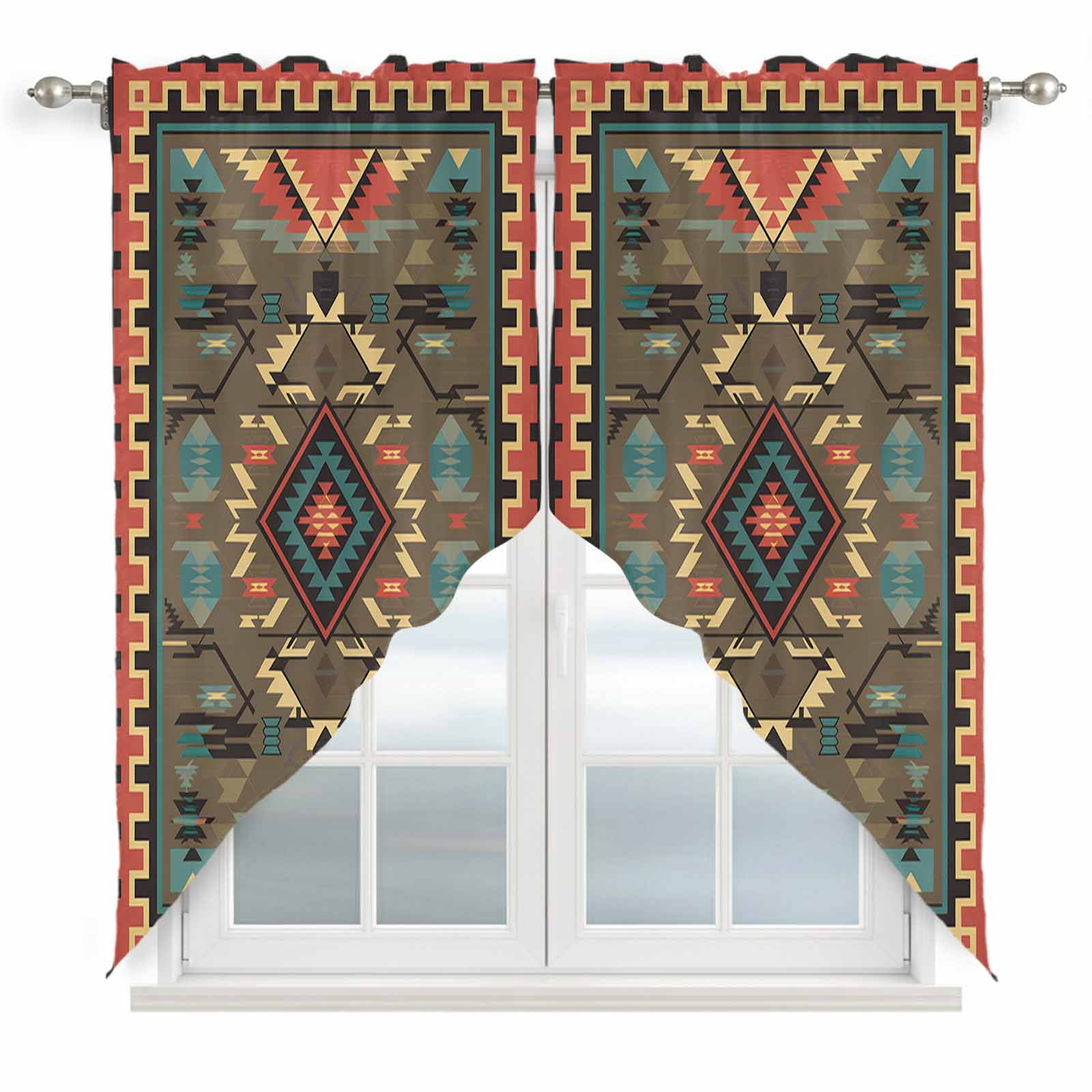Brown Retro Bohemian Geometric Swag Curtain Valance for Window 2 Panels ...