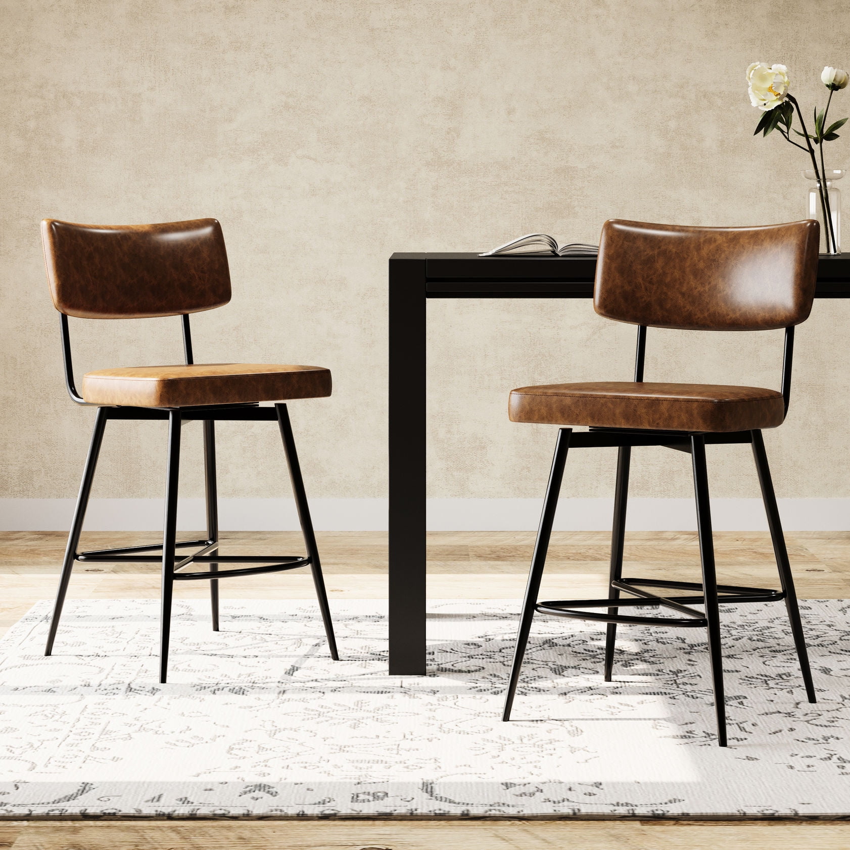 Brown Retro Counter Stools Set (2 pieces), 26'' Seat, Iron & Sponge ...