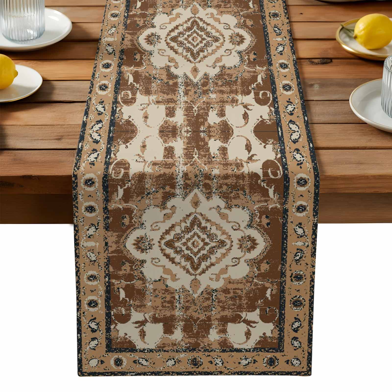 Brown Retro Ethnic Tribal Floral Table Runner-70 Inch Long Modern ...