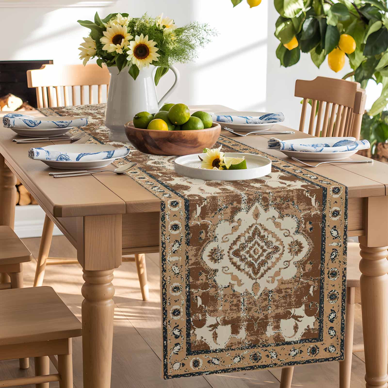 Brown Retro Ethnic Tribal Floral Table Runner-90 Inch Long Modern ...