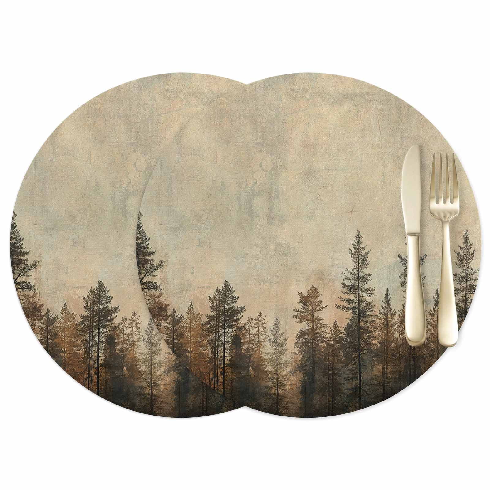 Brown Retro Forest Leather Placemats Set of 2, 12 Inch, Vintage Tree ...