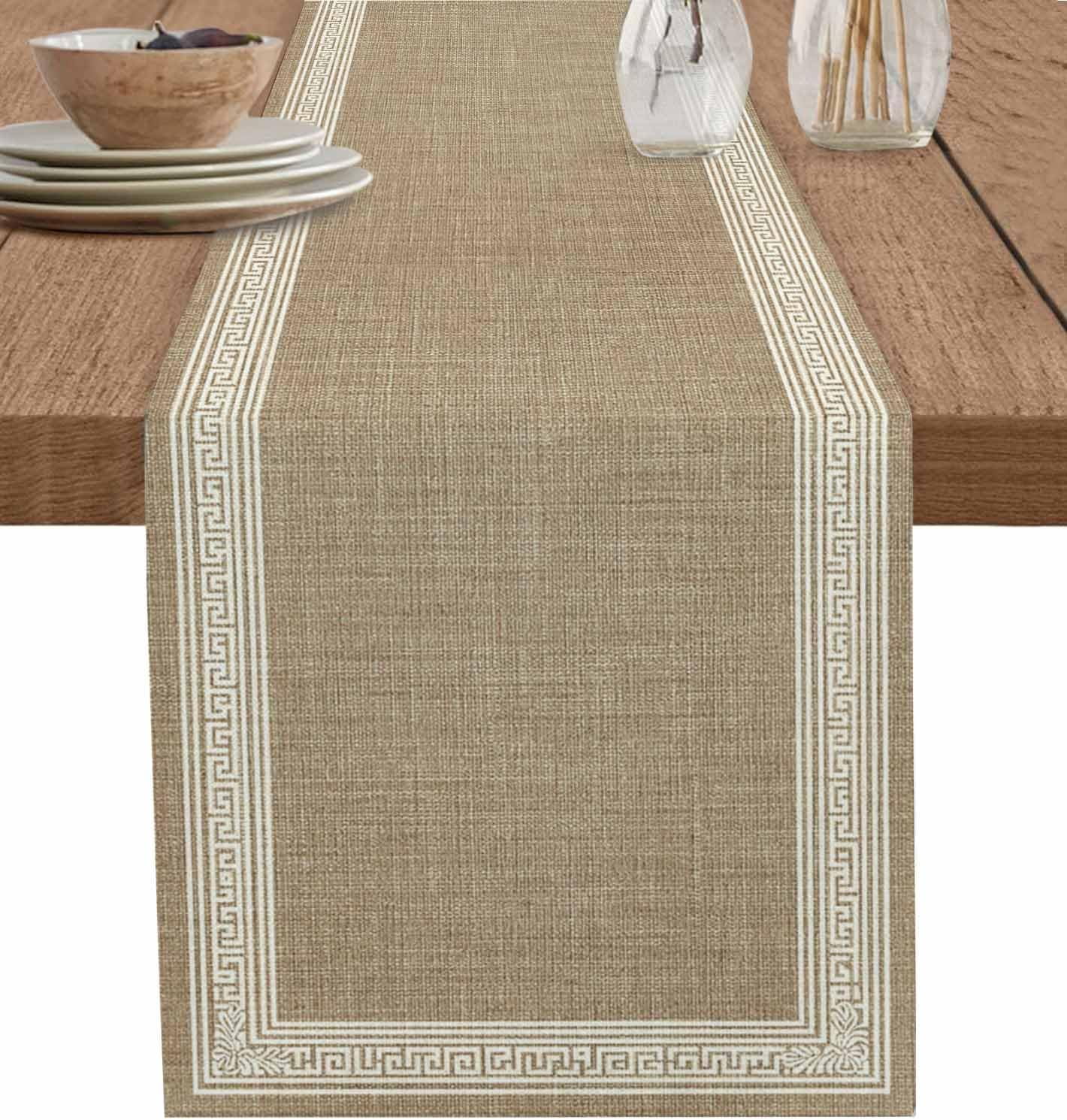 Brown Retro Greek Key Short Table Runners 48 Inches, Cotton Linen ...