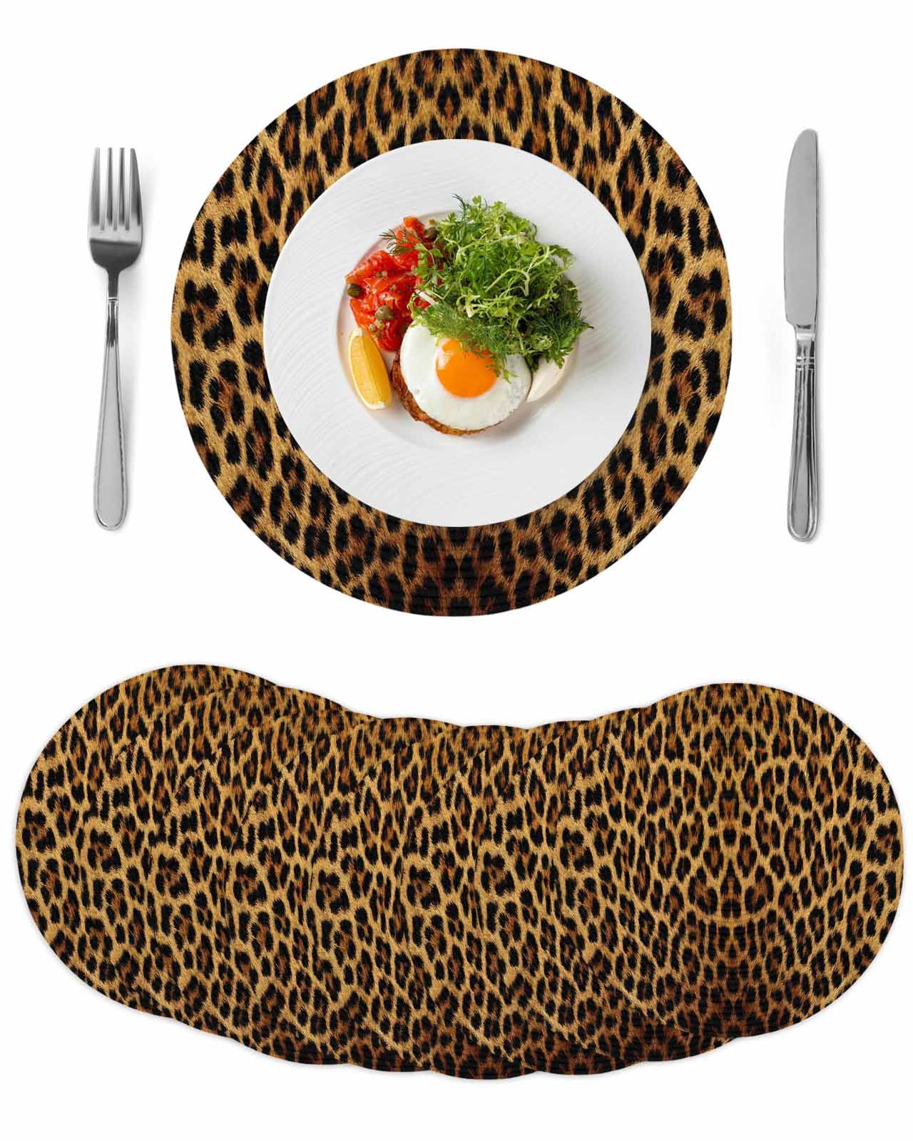Brown Retro Leopard Print Round Table Placemats set of 8, Abstract ...