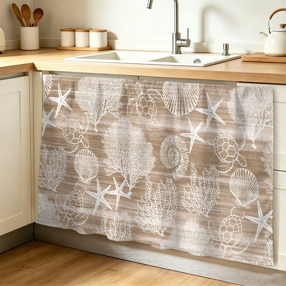 Brown Retro Summer Cabinet Curtain, Sea Turtle Starfish Coral Ocean ...