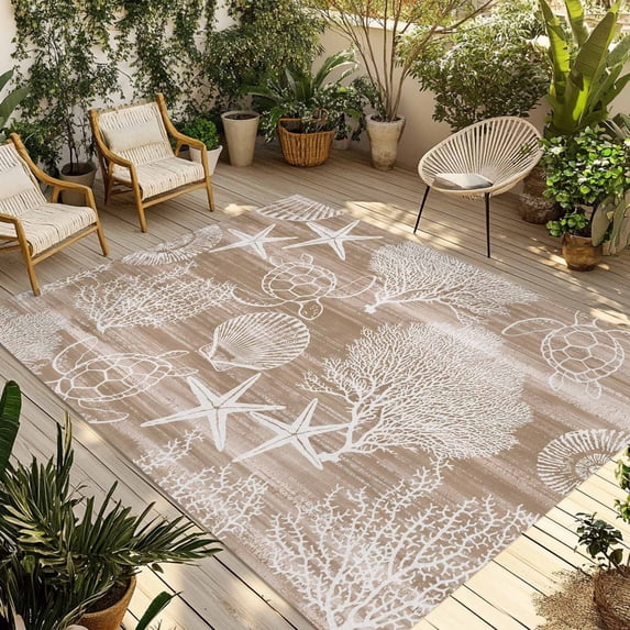 Brown Retro Summer Outdoor Rug 4x6 ft Sea Turtle Starfish Coral Ocean ...