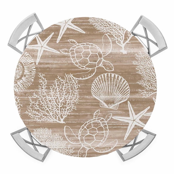 Brown Retro Summer Round Table Cover, Sea Turtle Starfish Coral Ocean ...