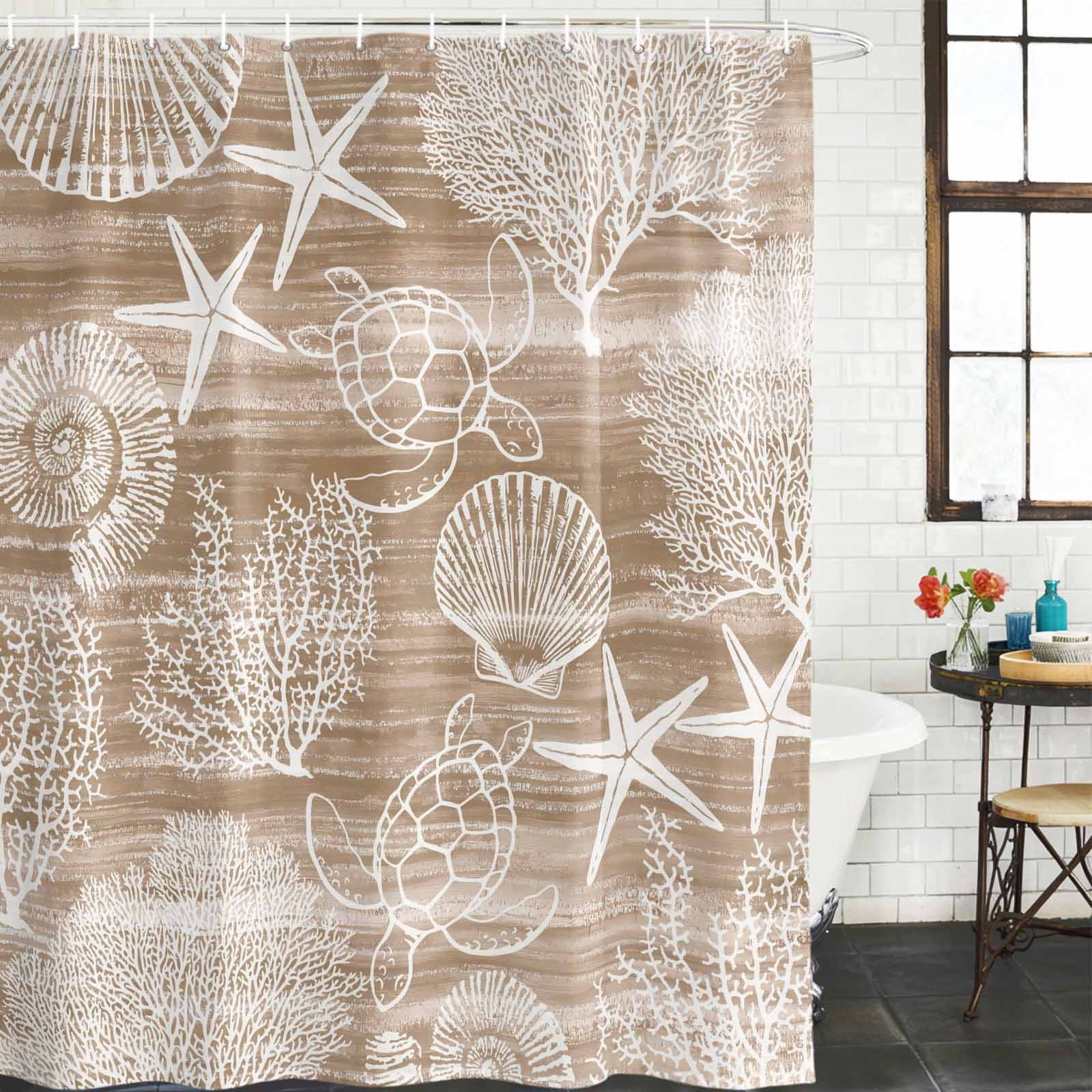 Brown Retro Summer Shower Curtain, Sea Turtle Starfish Coral Ocean ...