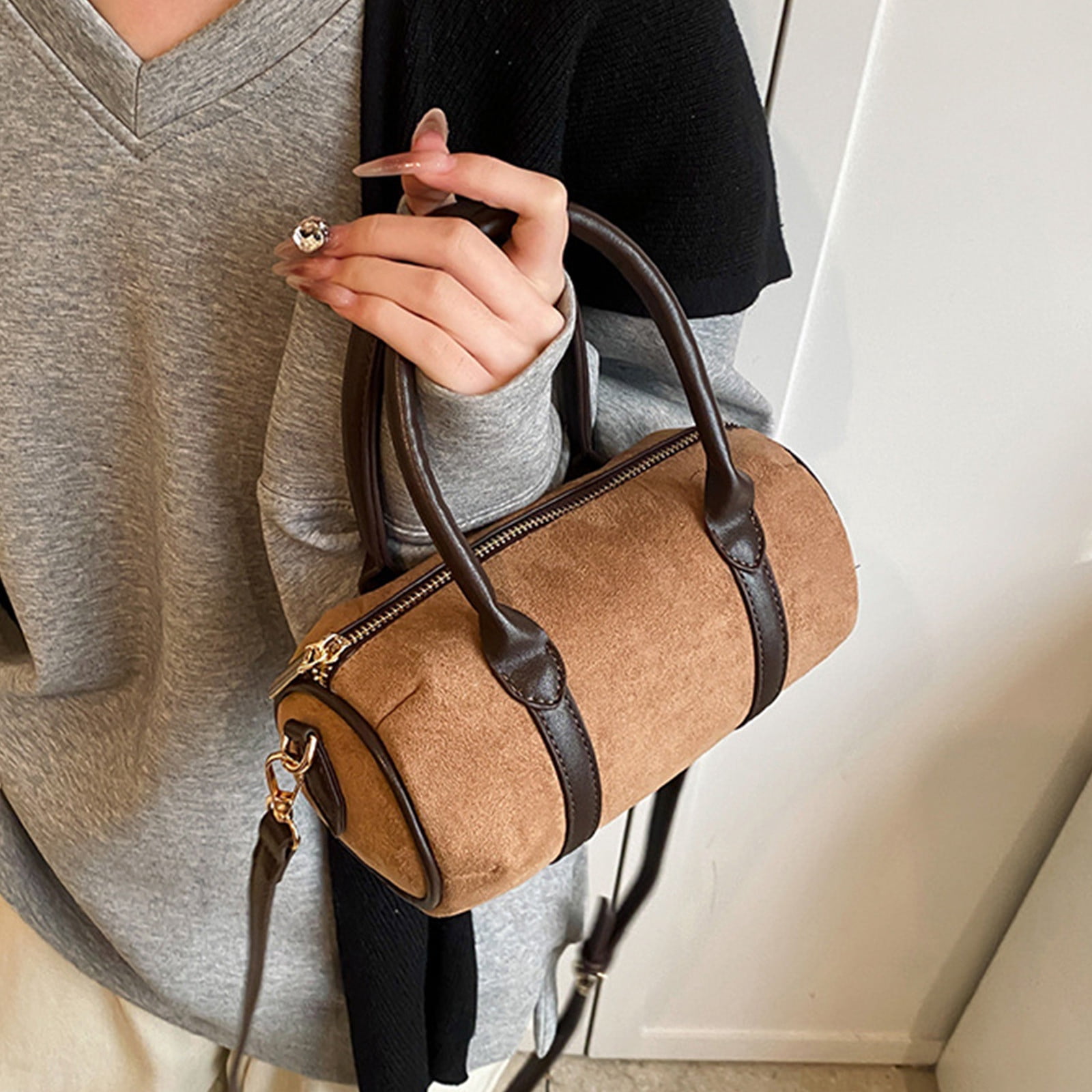 Brown Retro Women's Handbag - Faux Suede Boston Barrel Bag, Single ...