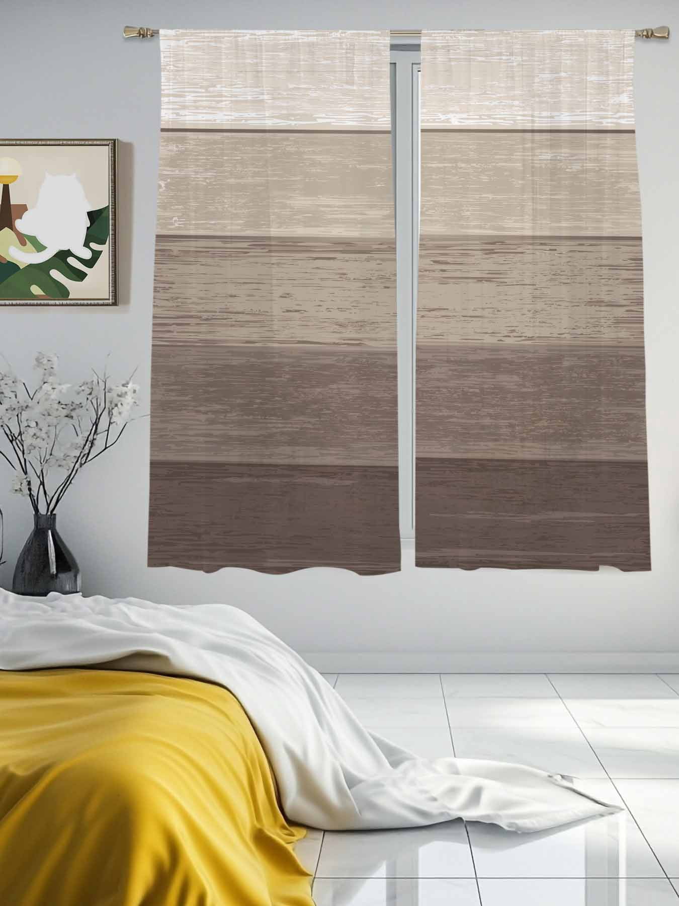 Brown Retro Wood Board Sheer Curtains 2 Panels Set Country Farmhouse ...