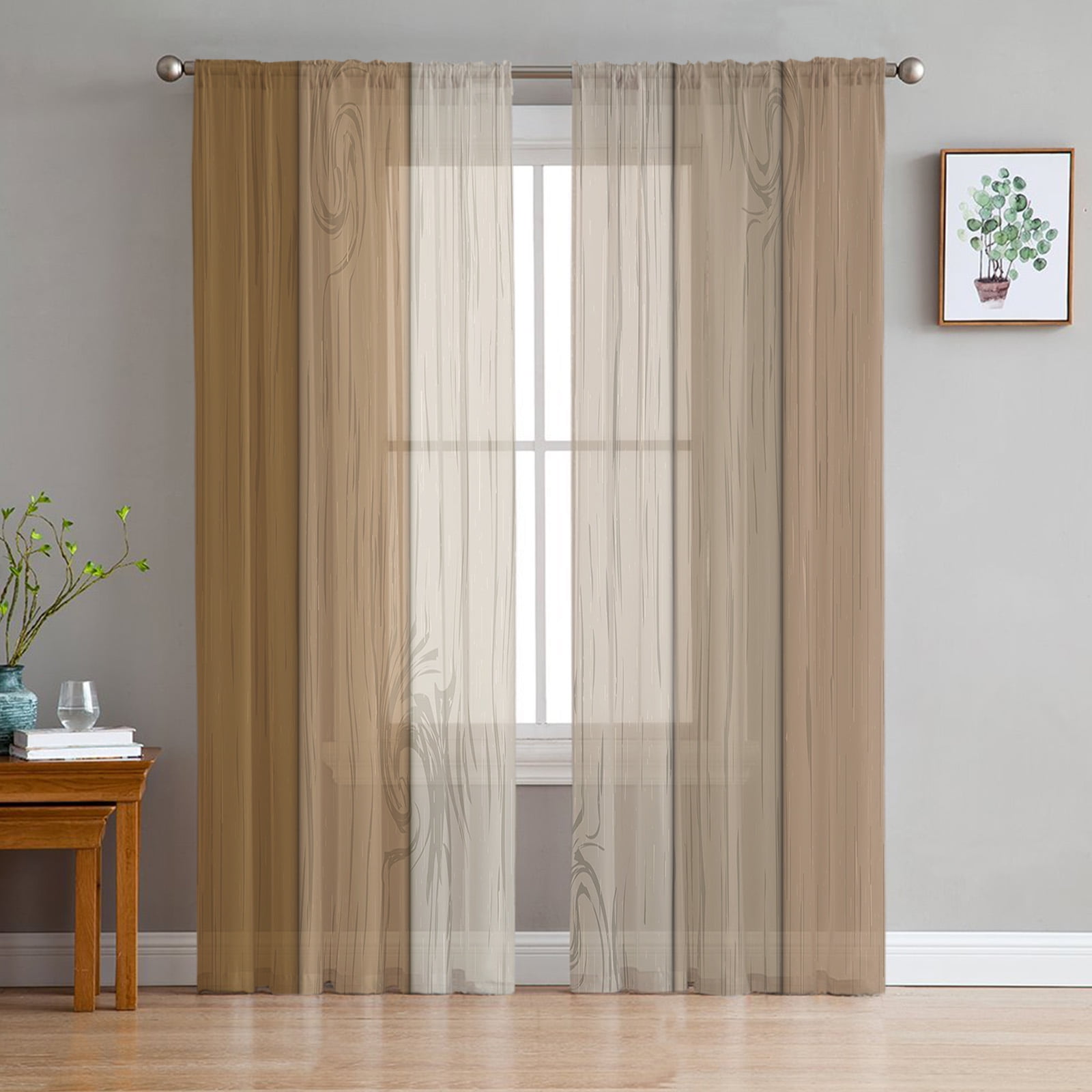Brown Retro Wood Grain Rustic Sheer Voile Curtains For Bedroom Living ...