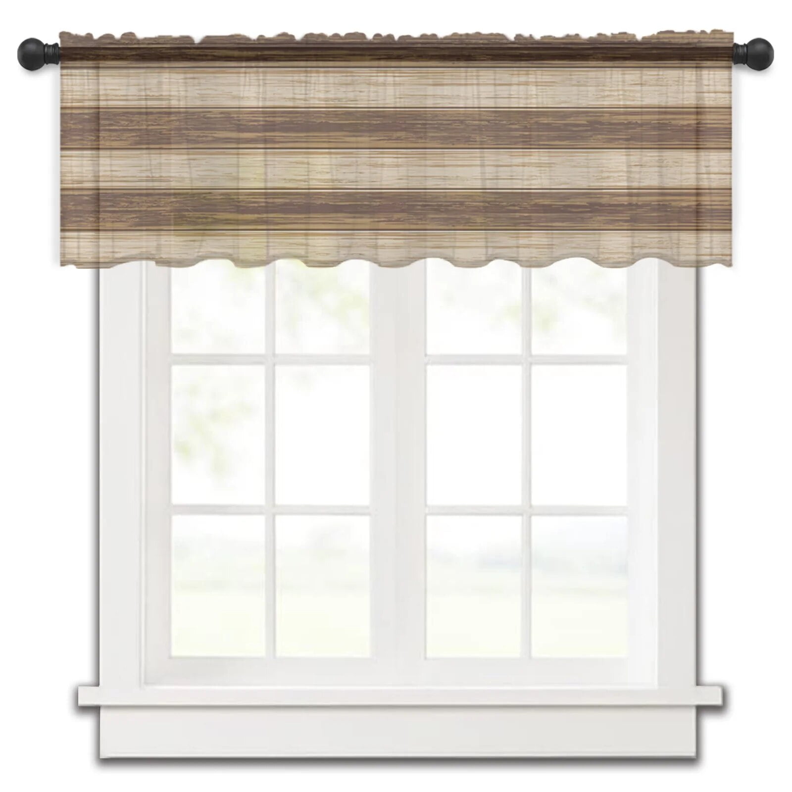 Brown Retro Wood Grain Rustic Short Tulle Curtain Bedroom Sheer Window ...