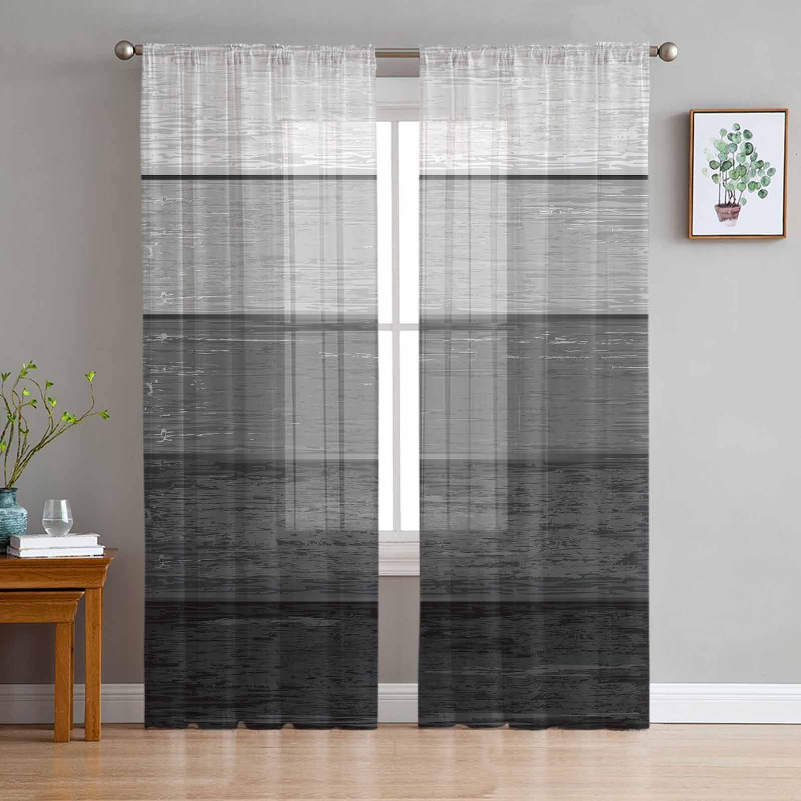 Brown Retro Wood Grain Rustic Tulle Curtains for Living Room Bedroom ...