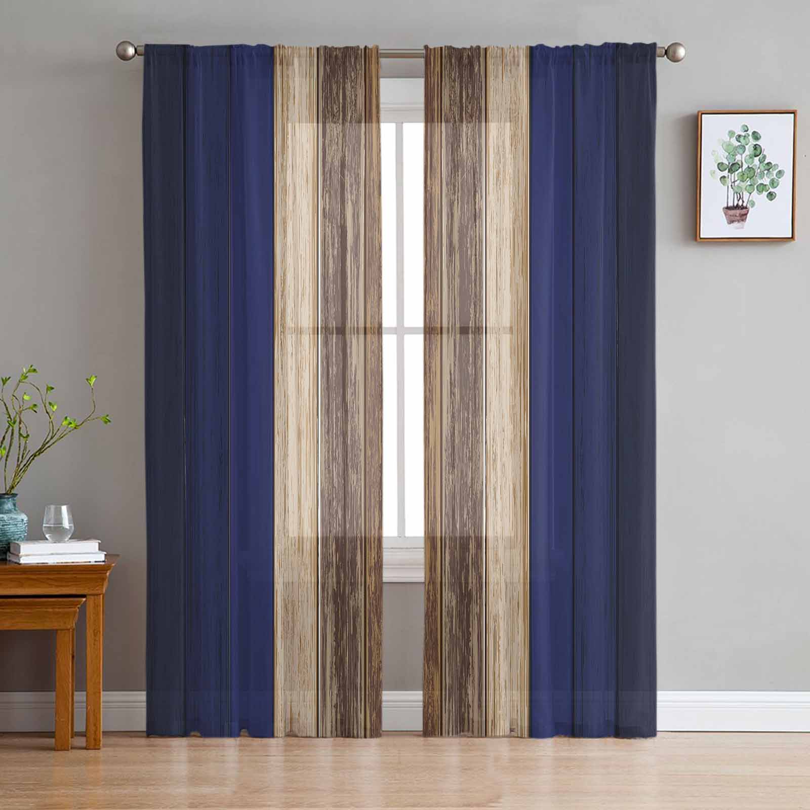 Brown Retro Wood Grain Rustic Tulle Curtains for Living Room Bedroom ...