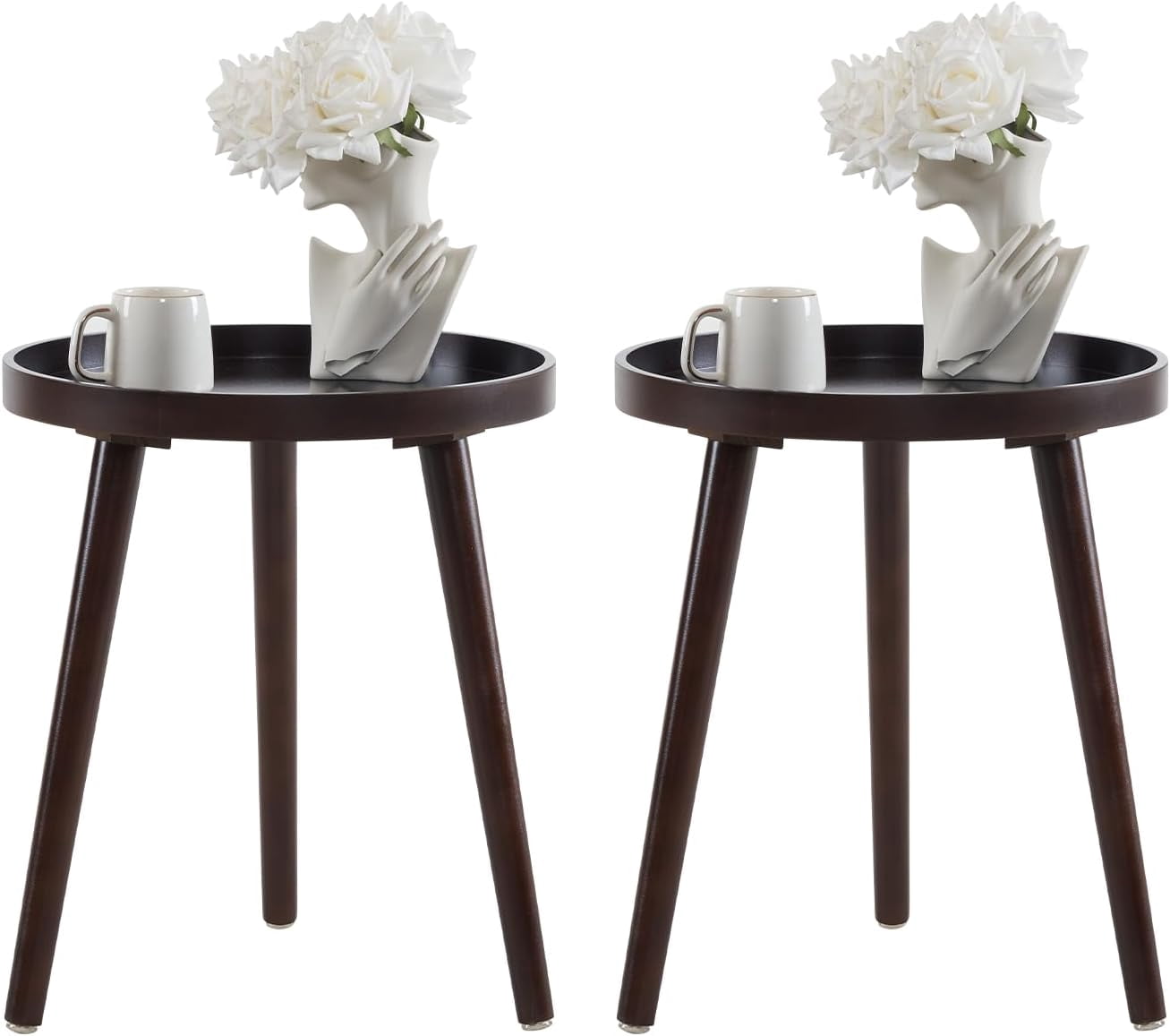 Brown Round Side Table Set of 2, Tray Nightstand Sofa Coffee End Table ...