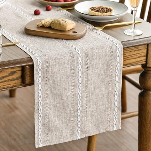 Brown Rustic Cotton Linen Table Runner, Seasonal Embroidered Hollow ...