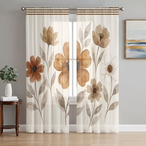 Brown Rustic Flower Sheer Curtains for Living Room Bedroom Watercolor ...