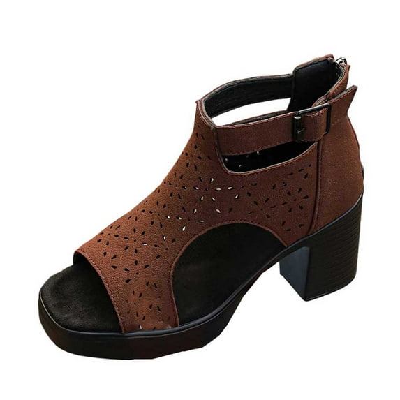 Brown Sandals For Ladies Open Toe Square Heel Chunky Heel Breathable ...