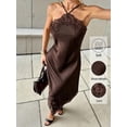 Brown Satin Halter Maxi Dress With Lace Trim Elegant Evening Dress For ...