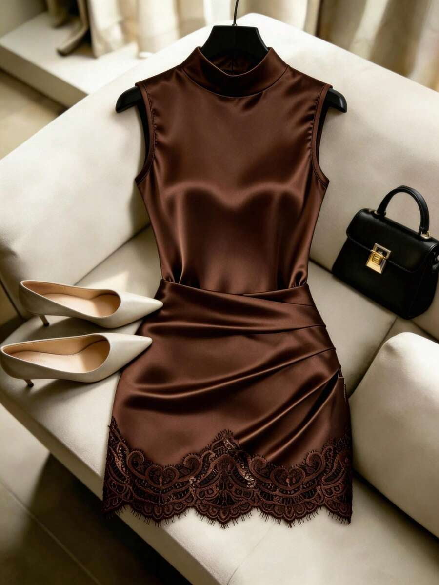 Brown Satin High Neck Sleeveless Bodycon Dress With Lace Trim And ...