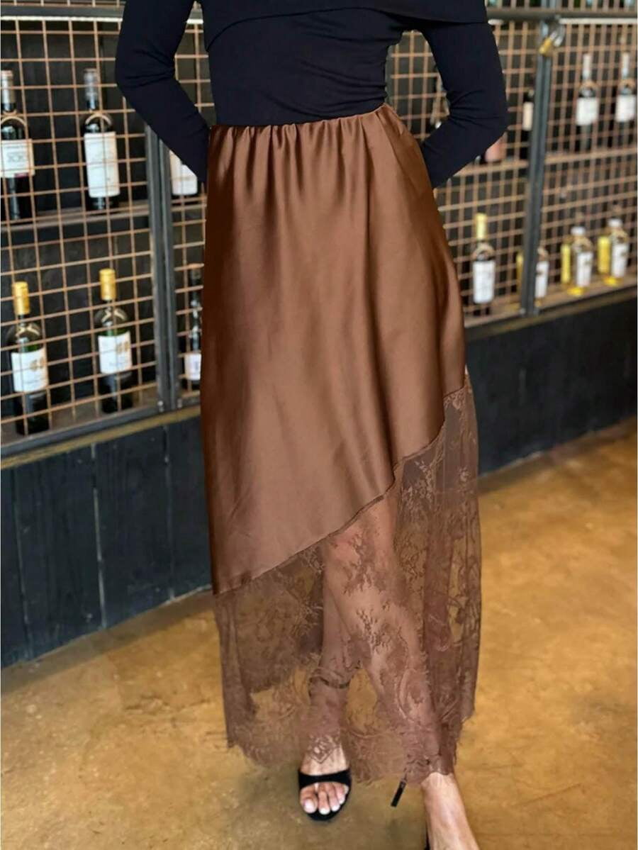 Brown Satin Lace Asymmetrical Maxi Skirt High Waisted Wrap Style ...