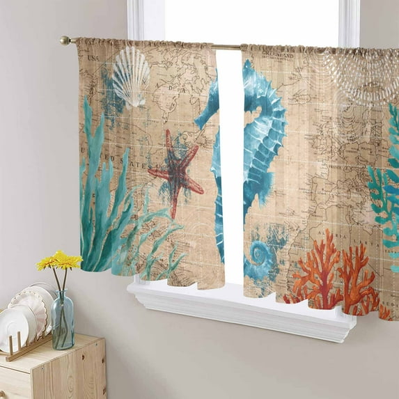 Brown Sea Seahorse Coastal Sheer Curtains 54 Inches Length 2 Panels Set ...