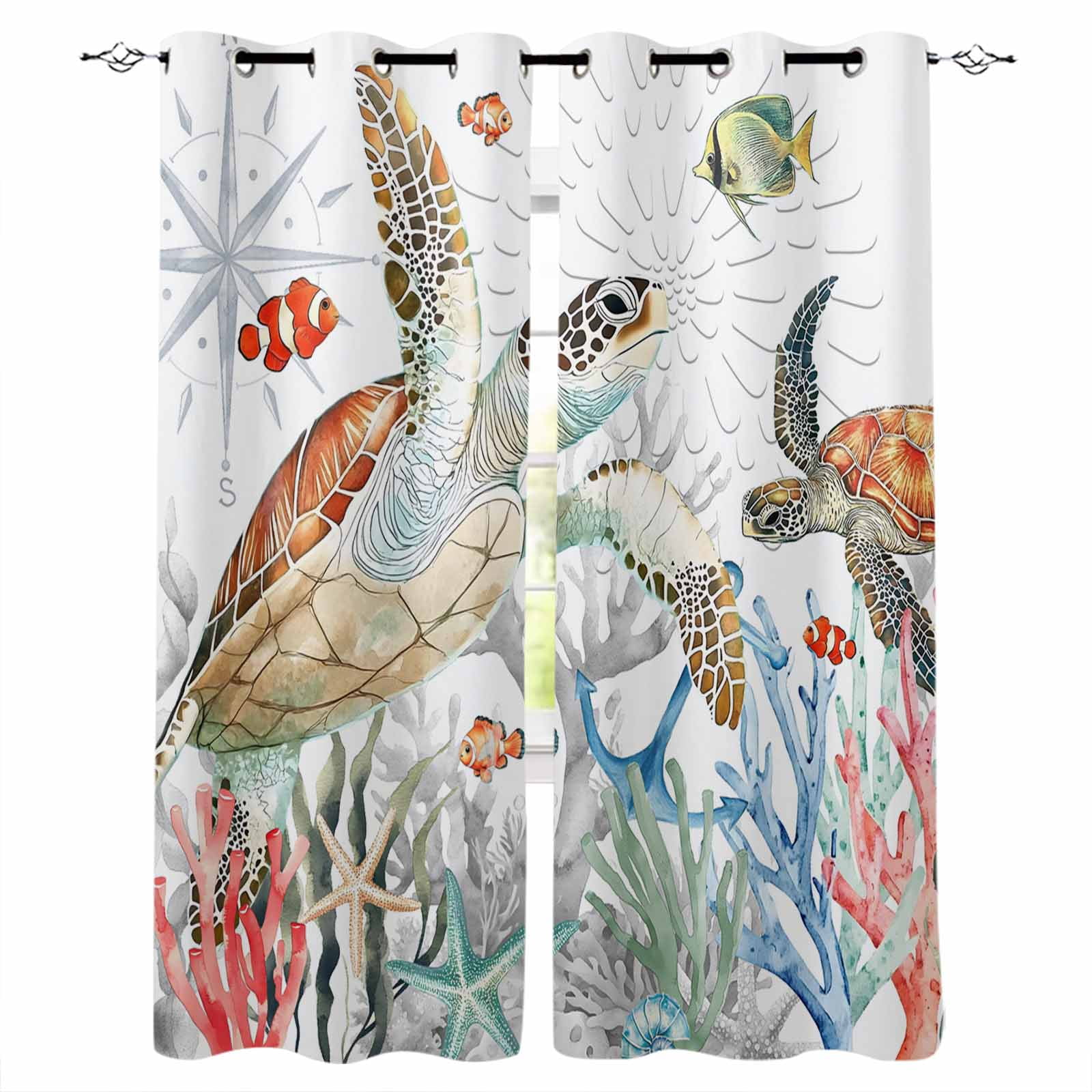Brown Sea Turtle Coastal Blackout Curtains 54 Inches Long, Summer Beach ...