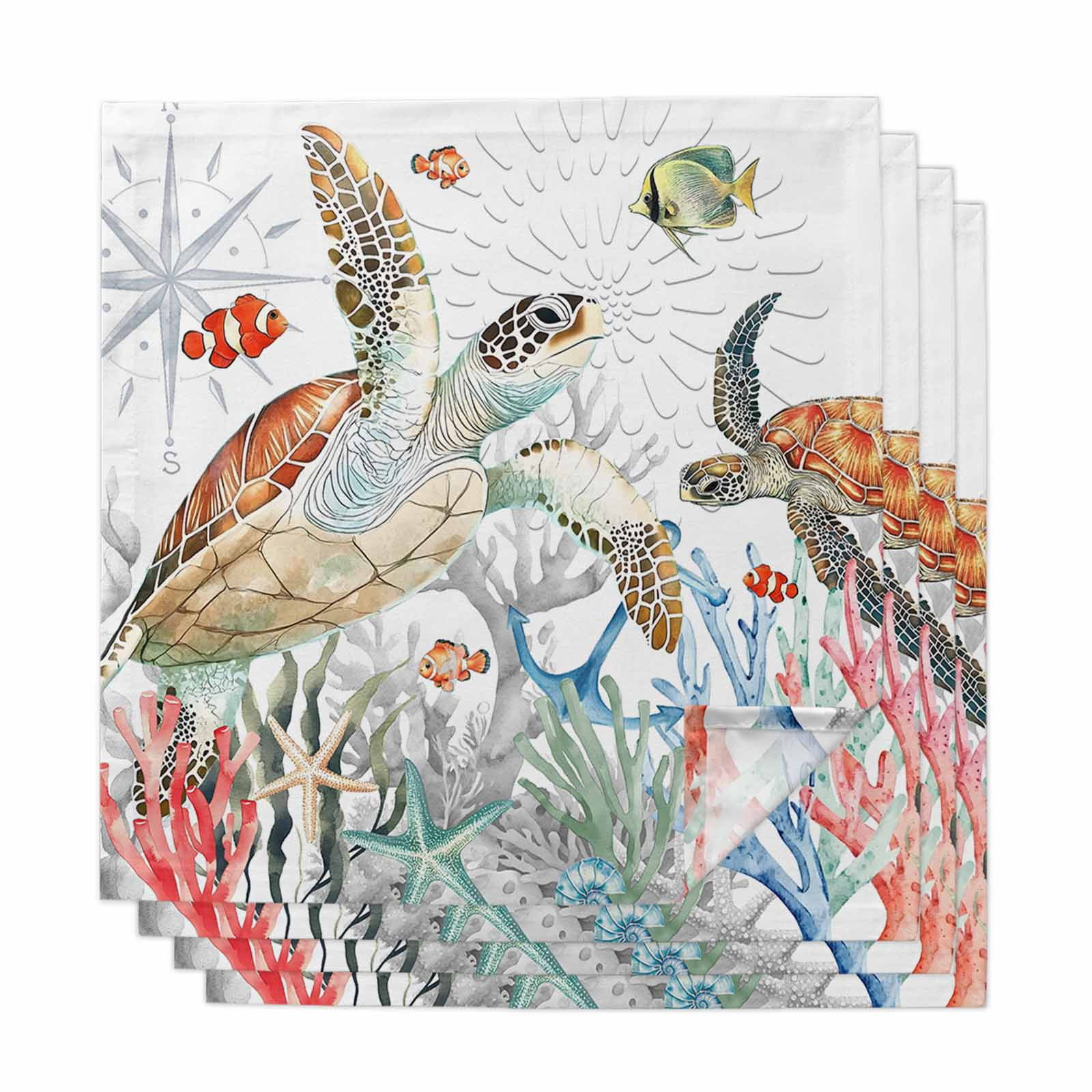 Brown Sea Turtle Coastal Cloth Napkins, Summer Beach Coral Starfish ...