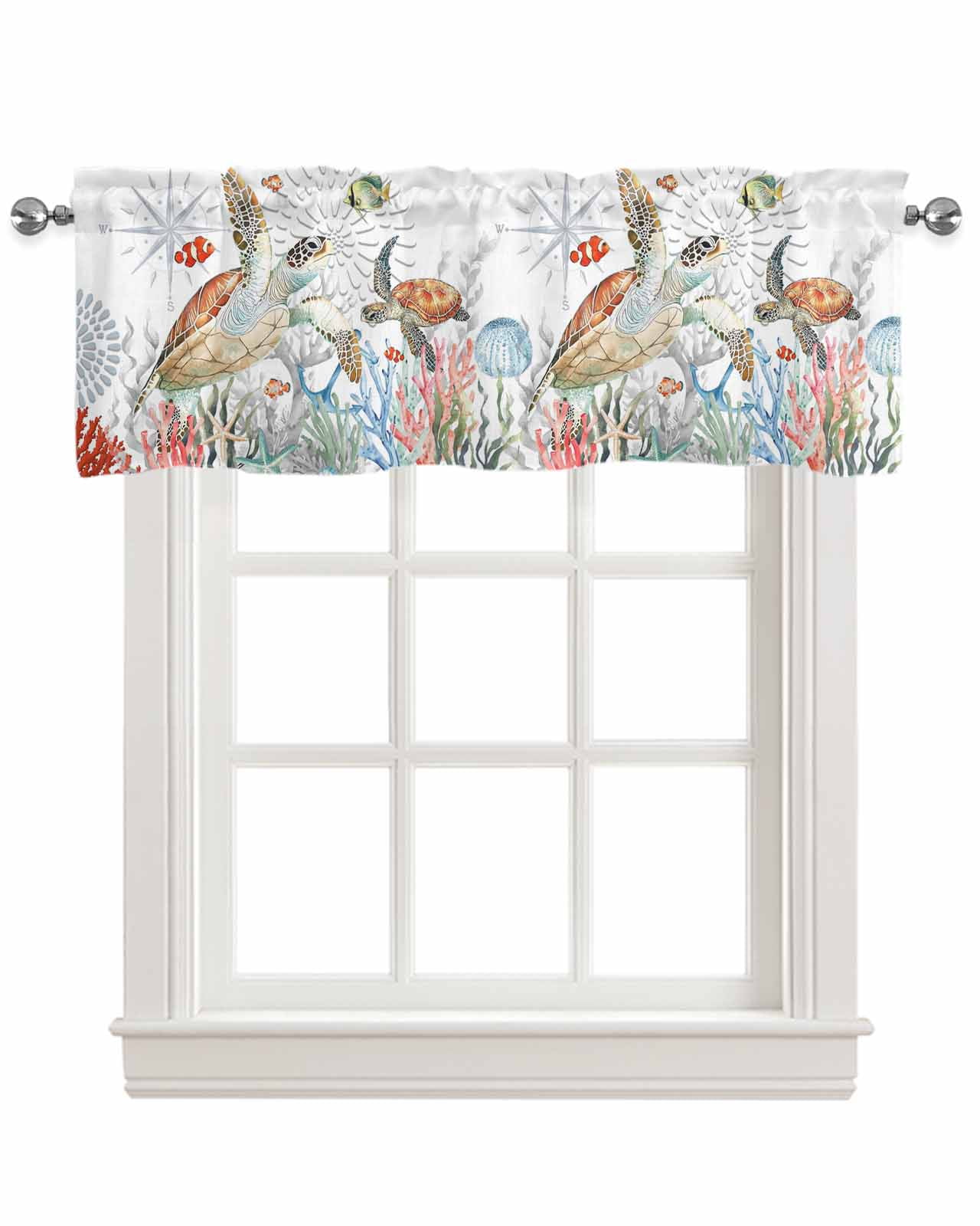 Brown Sea Turtle Coastal Kitchen Valances for Windows Farmhouse Linen ...