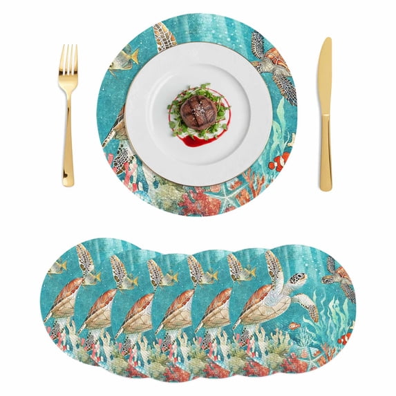 Brown Sea Turtle Coastal Round 13 Inch Placemats Set of 6, Teal Summer ...