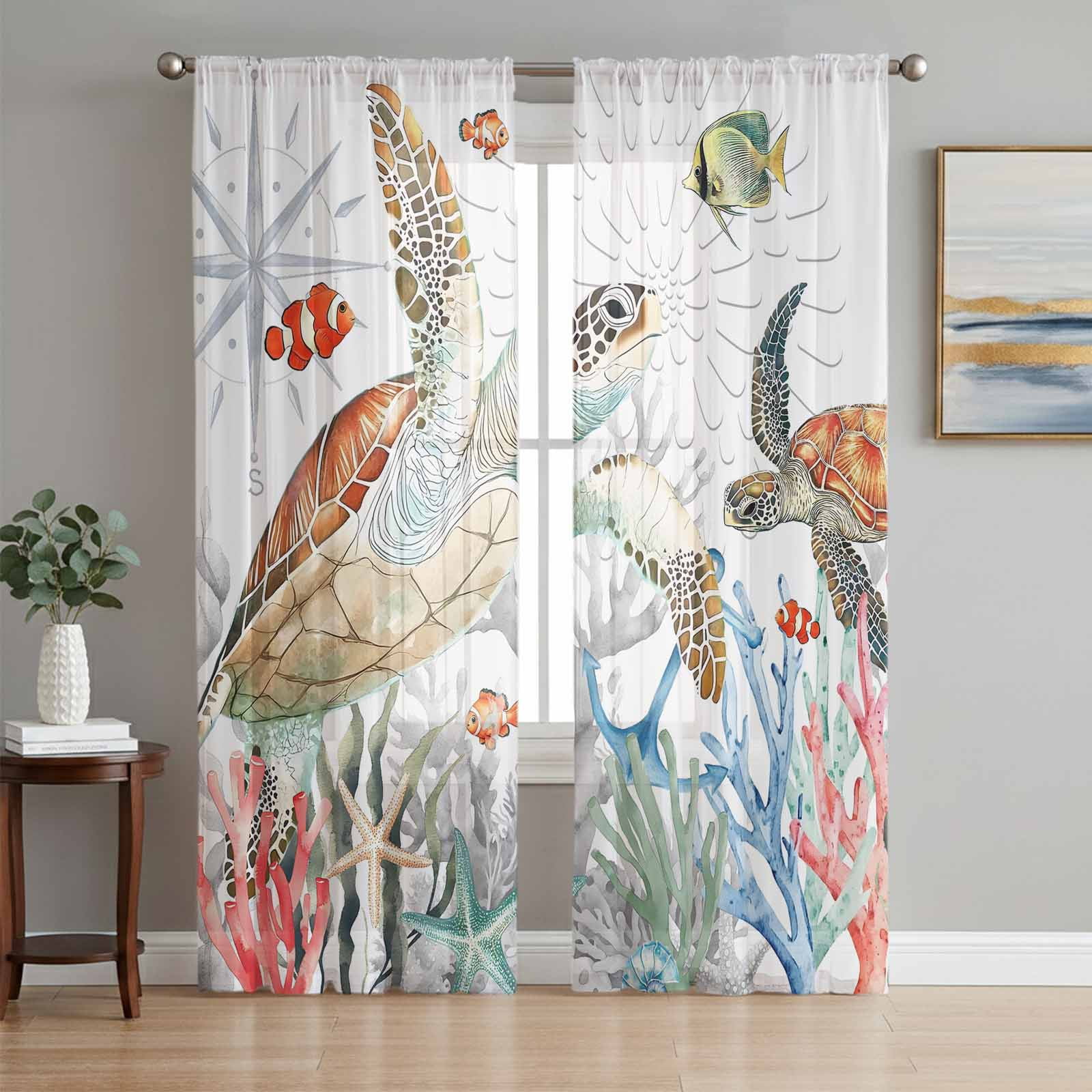 Brown Sea Turtle Coastal Semi Sheer Curtains 96 Inch Length 2 Panels ...
