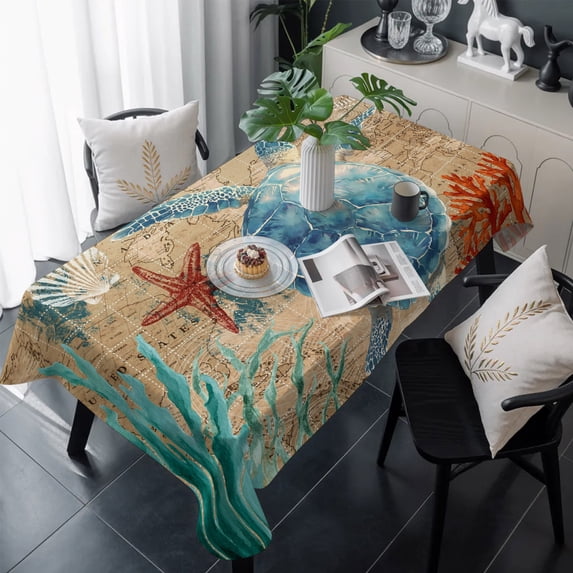 Brown Sea Turtle Coastal Table Cloth Waterproof Tablecloths, Nautical ...