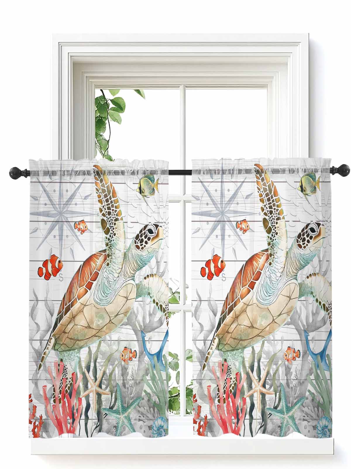 Brown Sea Turtle Coastal Tier Curtains 45 Inch Length,Sheer Curtains ...