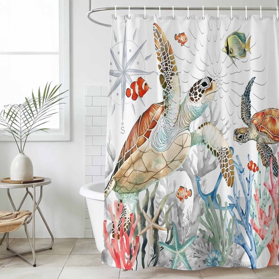 Brown Sea Turtle Coastal Waterproof Fabric Shower Curtain,Summer Beach ...
