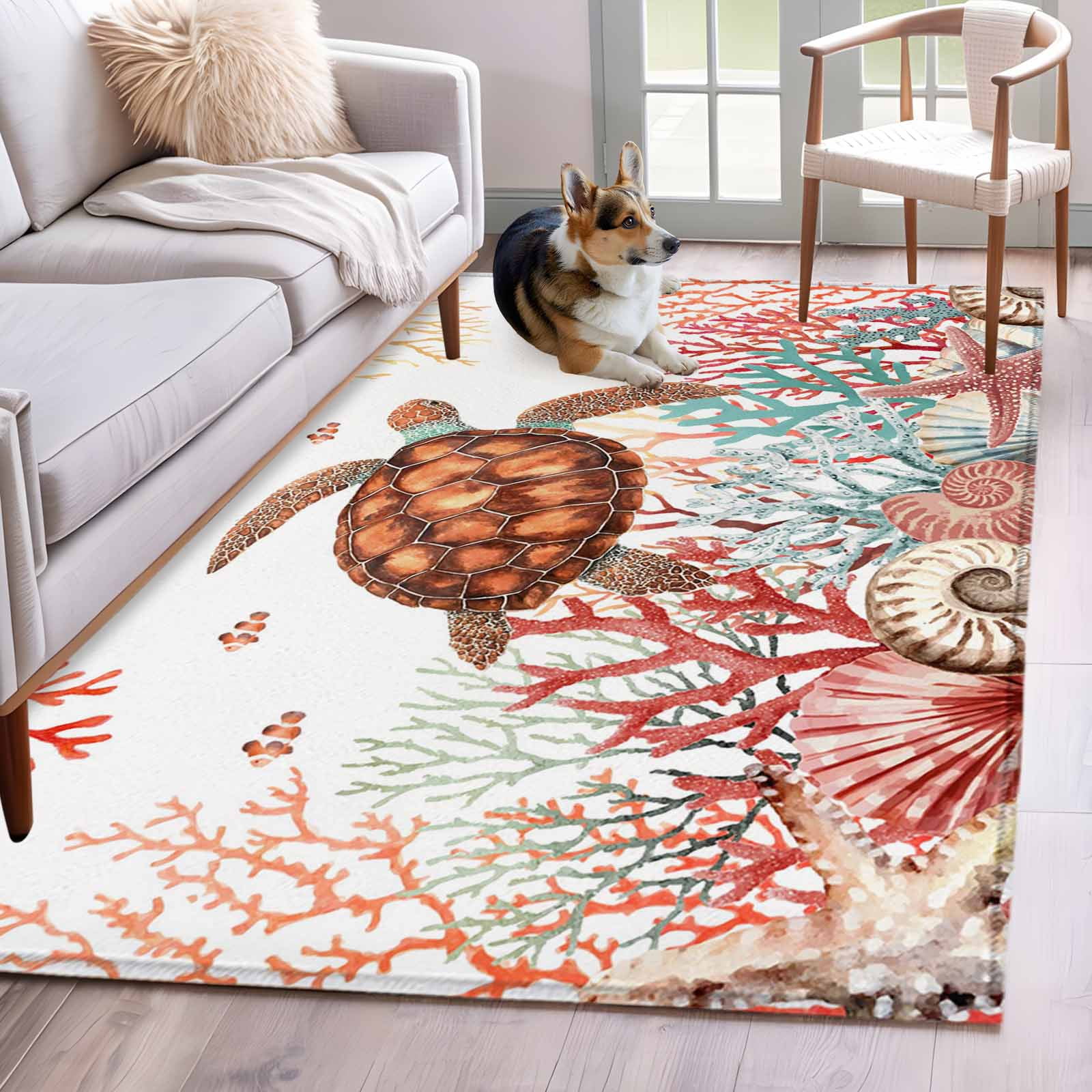 Brown Sea Turtles Area Rugs 3x5 ft Summer Ocean Marine Life Red Corals ...