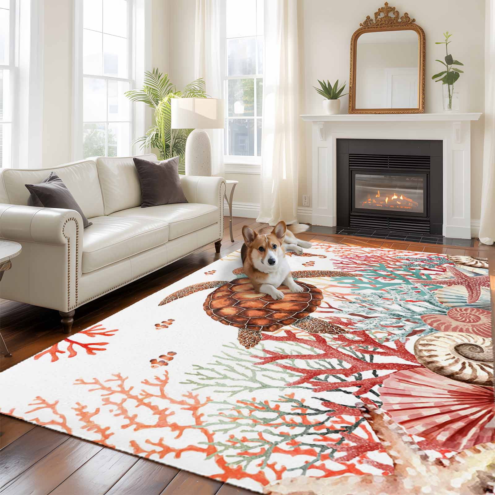 Brown Sea Turtles Area Rugs 5x7 ft Summer Ocean Marine Life Red Corals ...