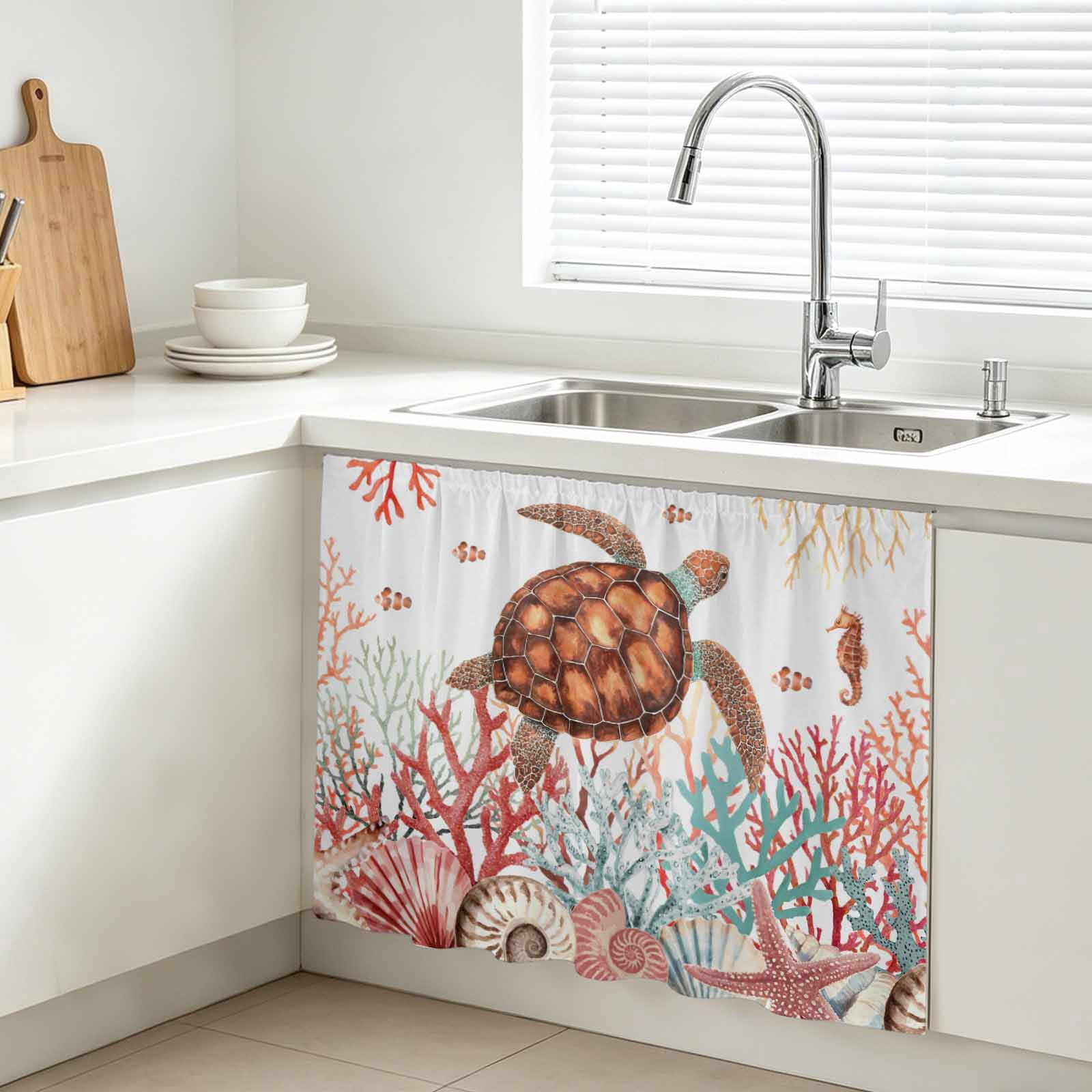 Brown Sea Turtles Cabinet Curtain, Summer Ocean Marine Life Red Corals ...