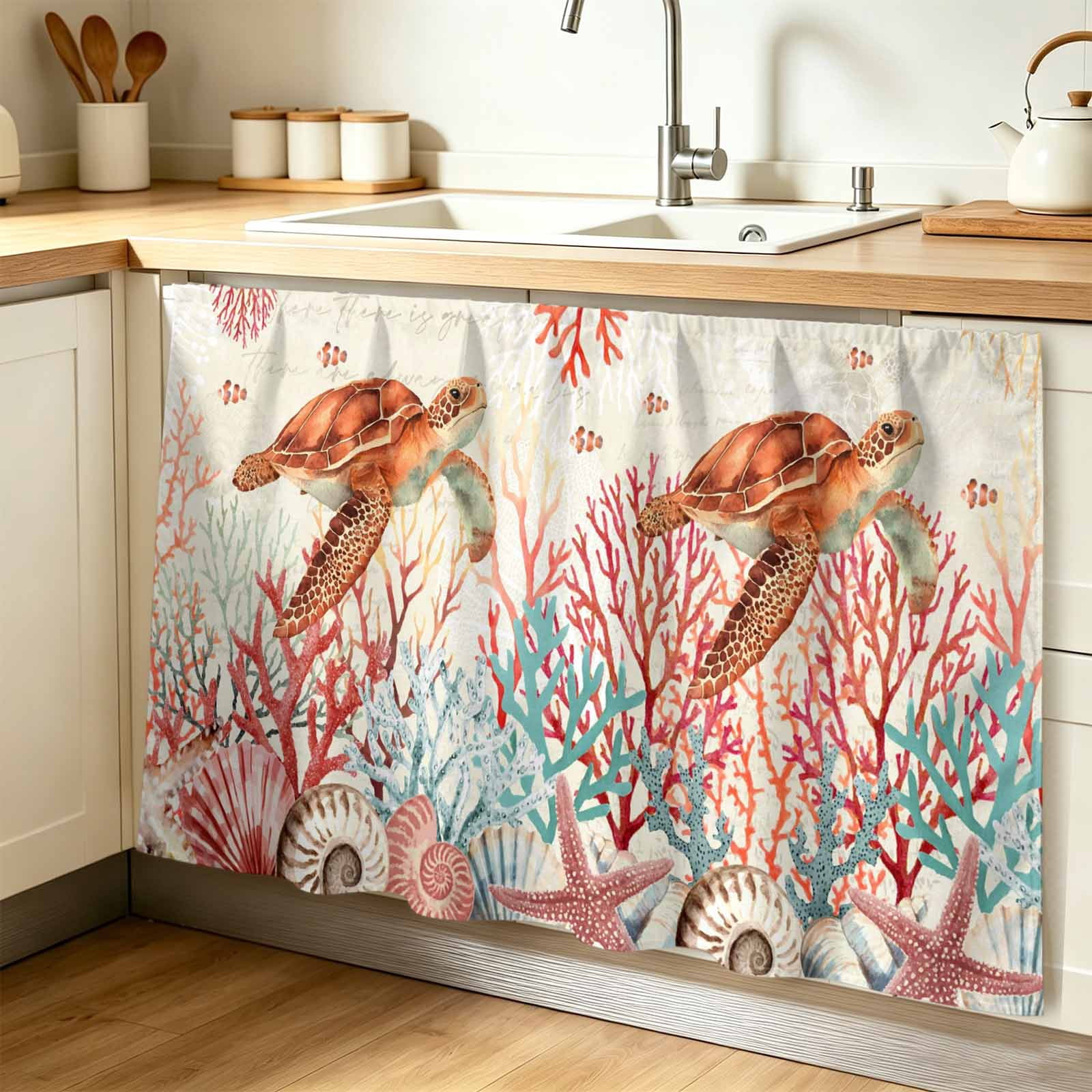Brown Sea Turtles Cabinet Curtain, Summer Ocean Red Marine Life Corals ...