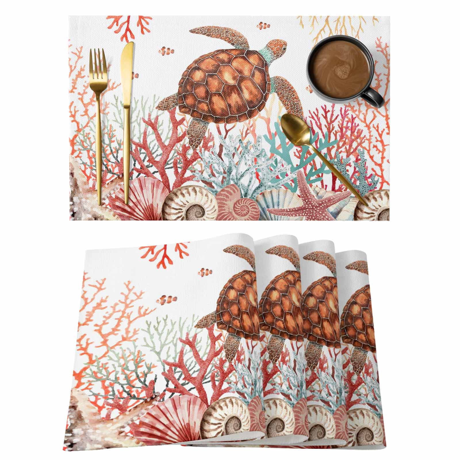 Brown Sea Turtles Cotton Linen Placemats Set of 8, Summer Ocean Marine ...